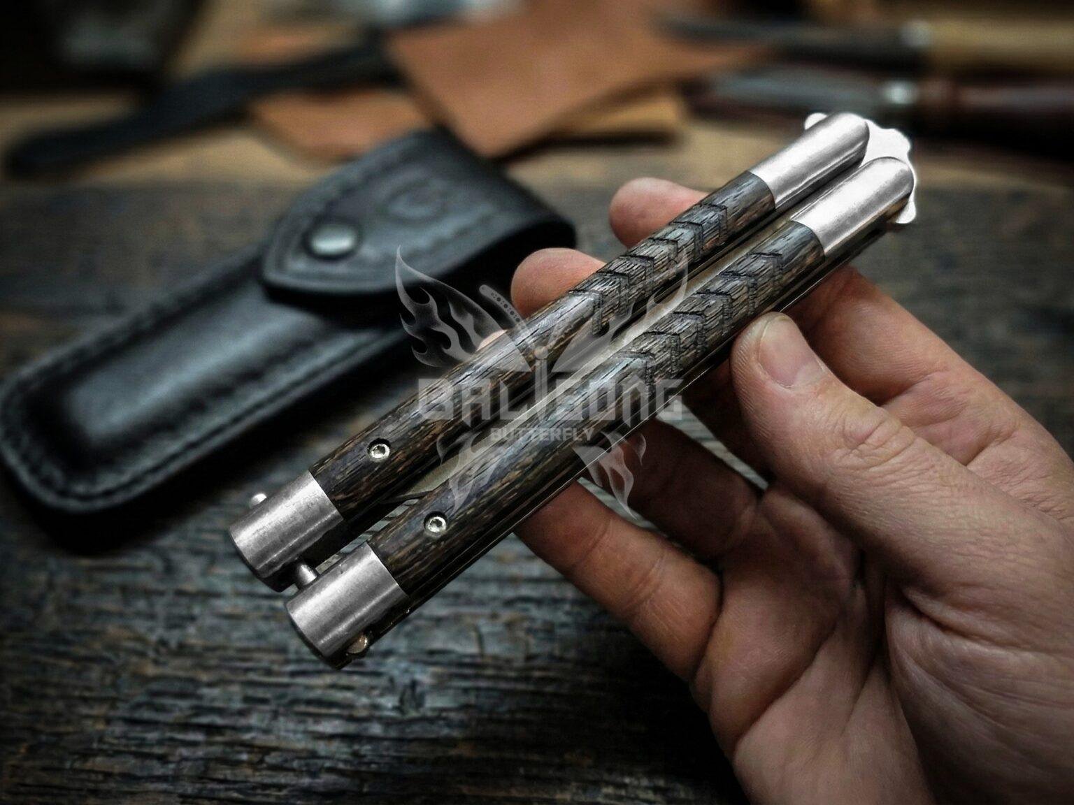 Handmade D2 Steel Balisong Knife | Wenge Wood Handle | Sheath